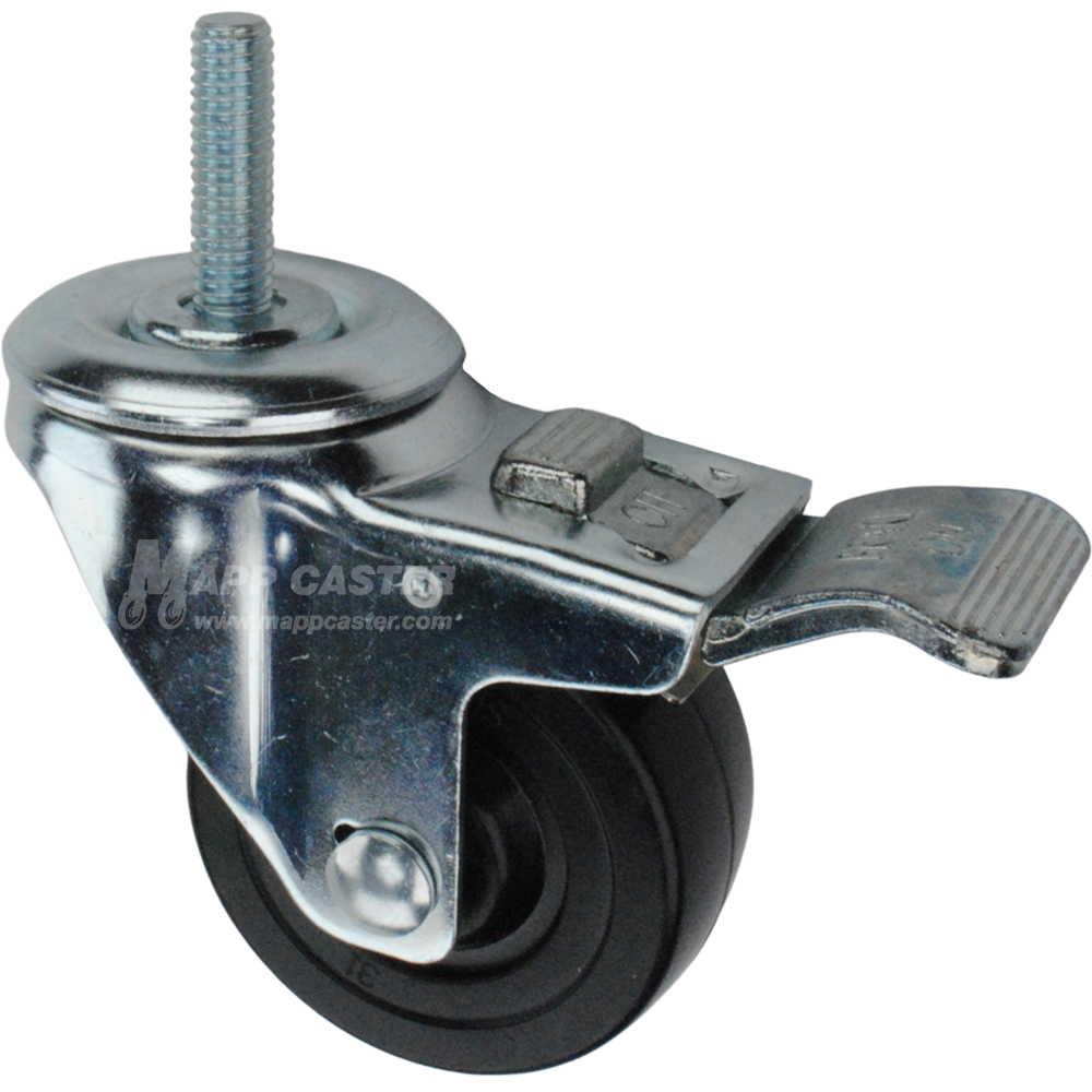 3" Hard Rubber Wheel Caster, Total Lock Brake, 7/16"-14 Stem - 300 Lbs ...