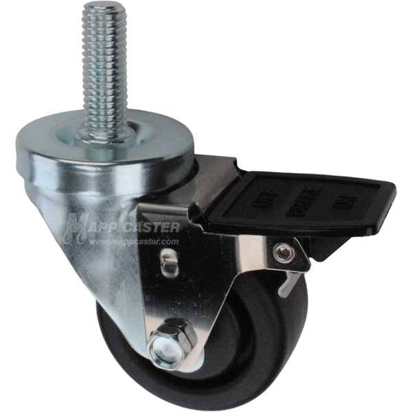 3" Heavy Duty Plastic Swivel Caster, Face Brake, 5/8"-11 Stem, 300 lbs ...