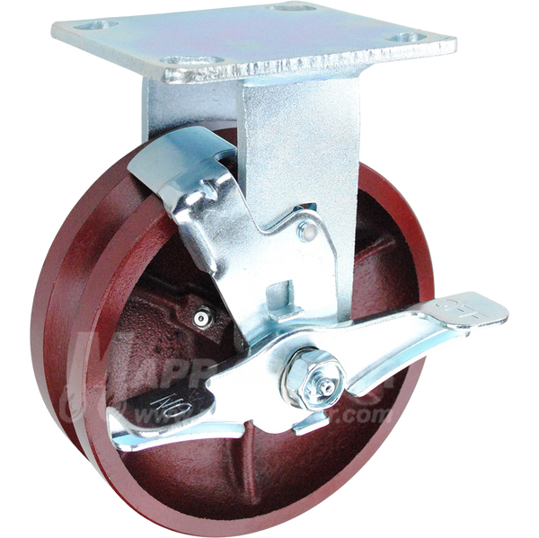 6" x 2" Ductile Steel V-Groove Wheel Kingpinless Rigid Brake Caster ...