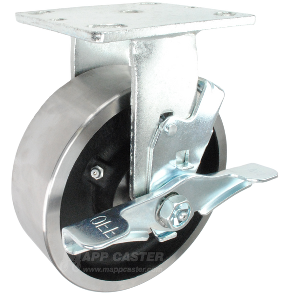 6" x 2" Forged Steel Wheel Kingpinless Rigid Brake Caster - 2,000 Lbs ...