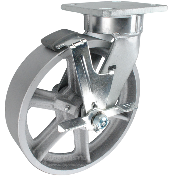 8" x 2" Cast Iron Wheel Kingpinless Swivel Brake Caster - 1,600 Lbs Ca ...