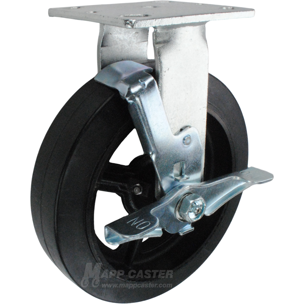 8" x 2" Rubber on Iron Wheel Rigid Brake Caster - 600 Lbs Capacity ...