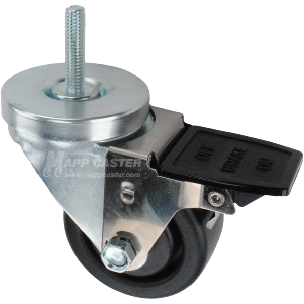 3" Plastic Swivel Caster w/ Face Brake, 300 lb, Threaded Stem - Mapp Caster