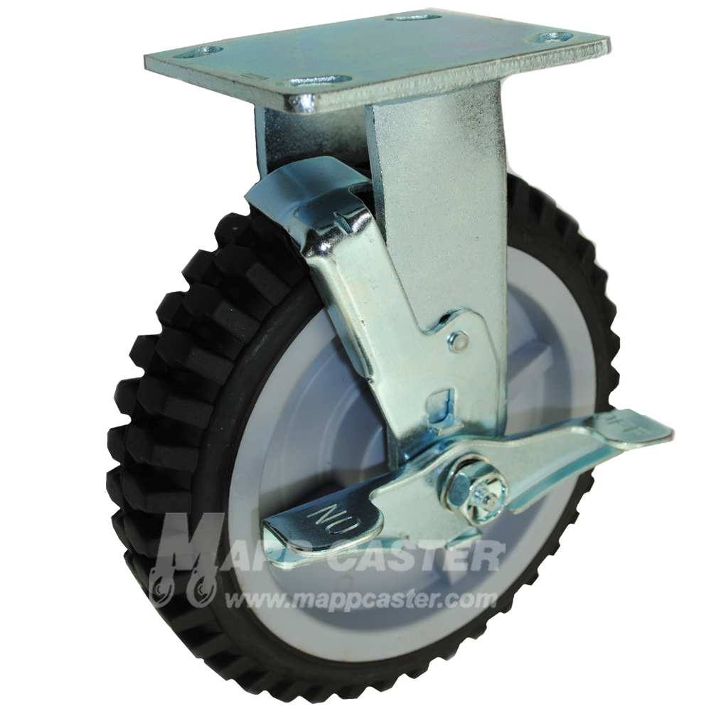 8" x 2" Rugged Thermoplastic Rubber Wheel Rigid Brake Caster - 400 Lbs ...
